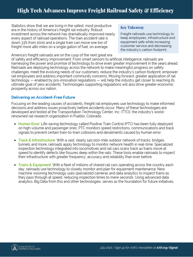 AAR High Tech Advancements Fact Sheet | PDF | Rail Transport | Train
