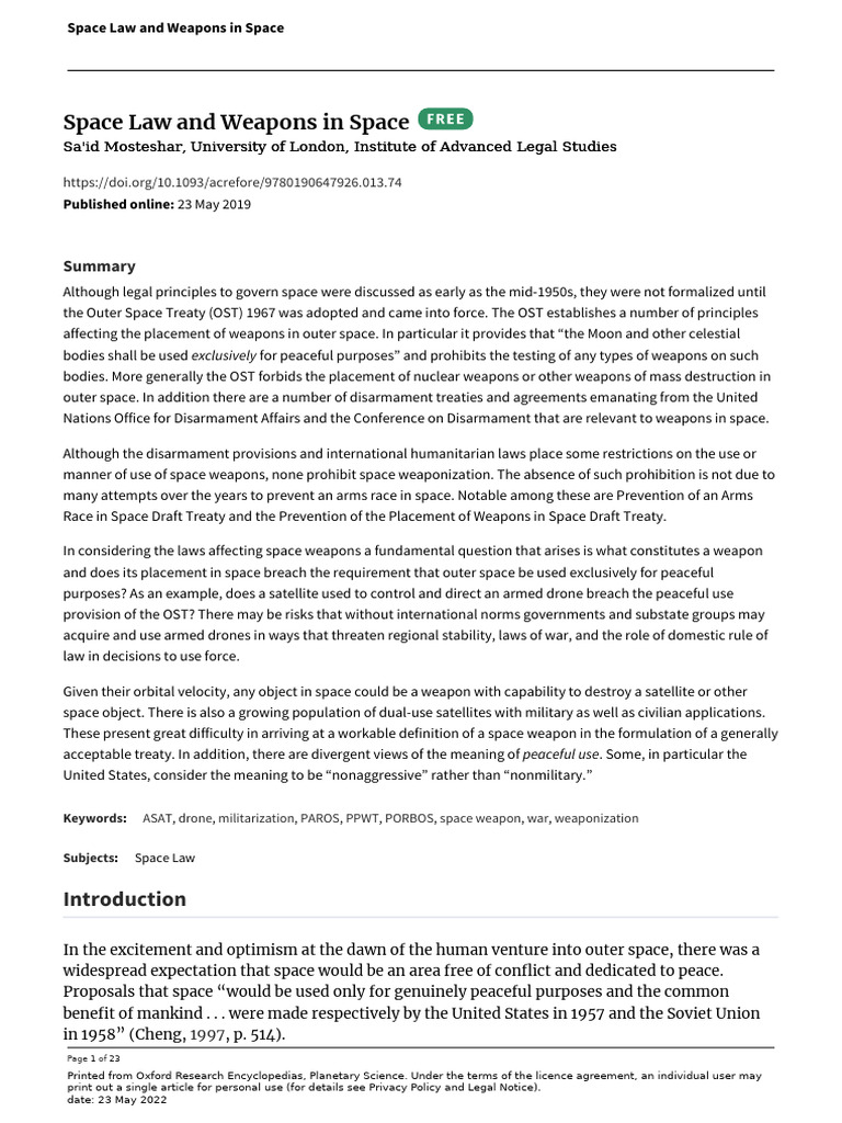 Space Law: Regulating Weapons in Orbit | PDF | Satellite ...