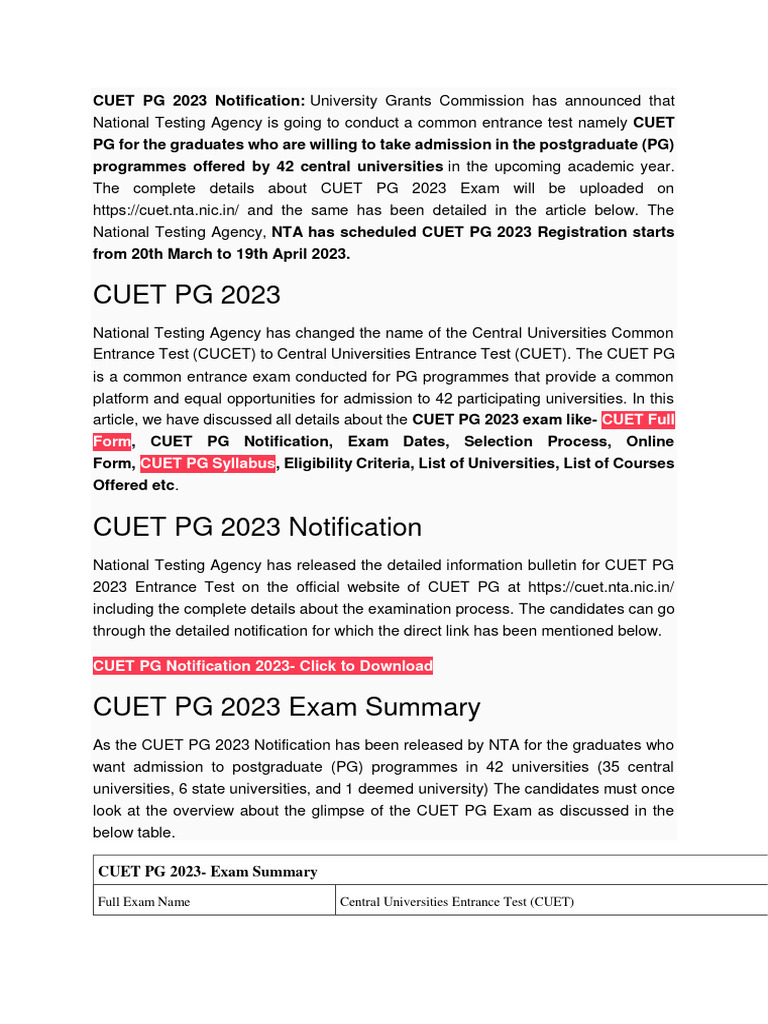 CUET PG 2023 Exam Notification Details | PDF | Bachelor's Degree ...