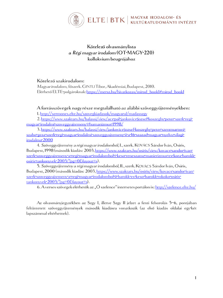 OT-MAGY-220 - Régi Magyar Irodalom | PDF