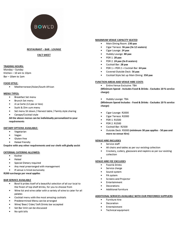 Bowl'd Fact Sheet | PDF | Menu | Restaurants