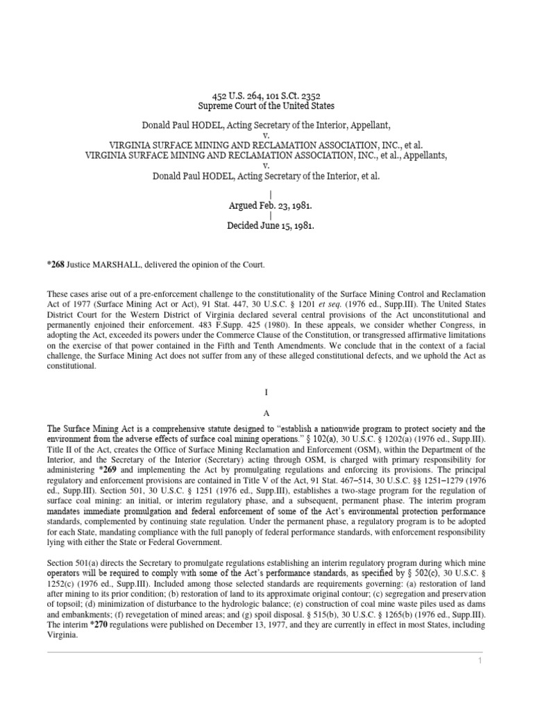 Hodel V Virginia Surface Mining - 2020 | PDF | Commerce Clause | Public Law