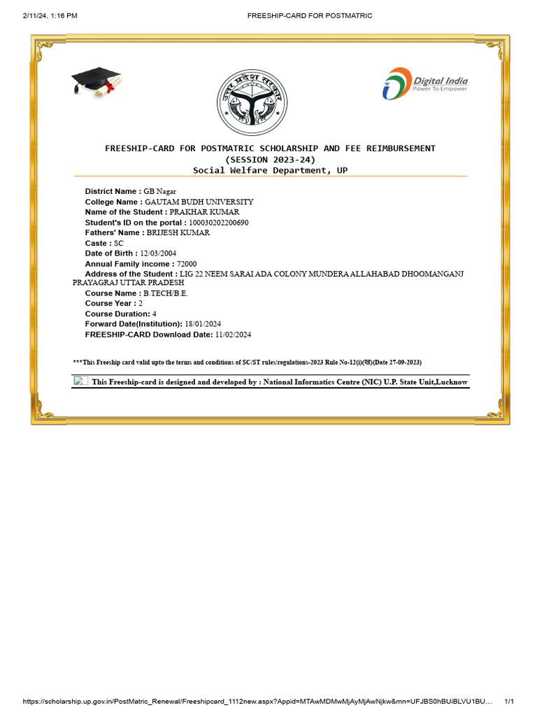 Freeship-Card For Postmatric | PDF