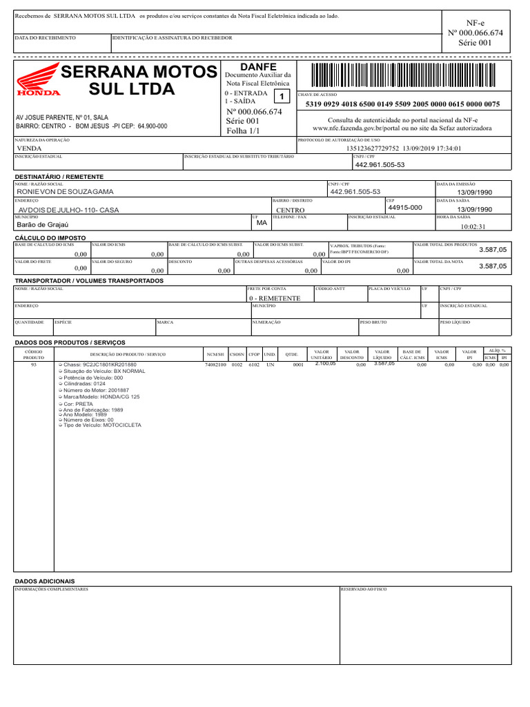 Nota Honda 1989 | PDF | Recibo
