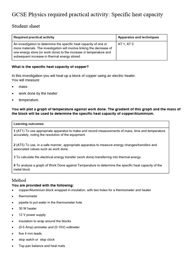 Specific Heat Capacity Investigation Guide | PDF | Heat | Heat Capacity