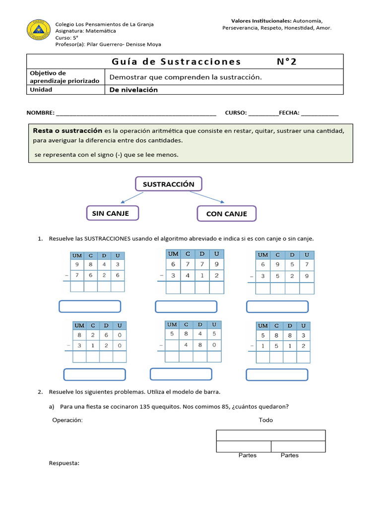 Guia N°2 Sustracciones | PDF | Matemáticas | Aritmética