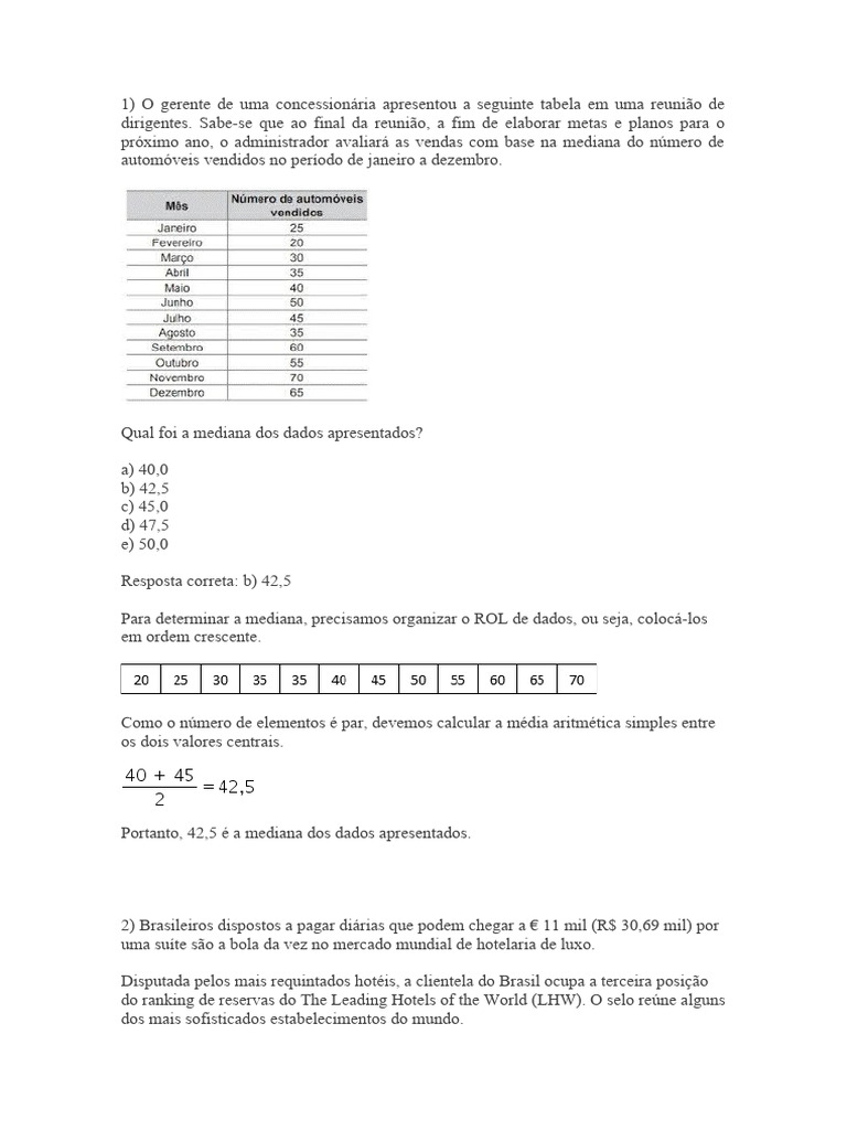 Lista de Exercícios - GABARITO | PDF | Mediana (Estatística)