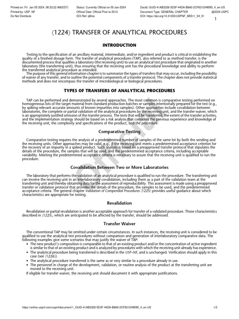1224 Transfer of Analytical Procedures | PDF | Sampling (Statistics ...
