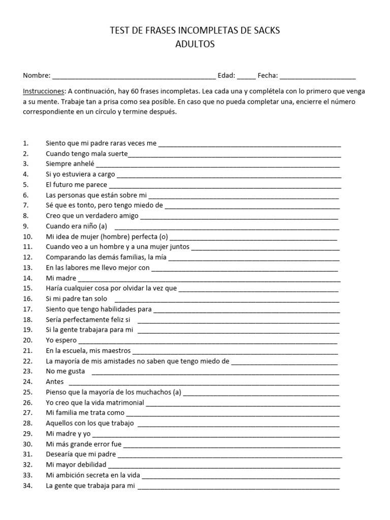 Test de Sacks Adultos | PDF
