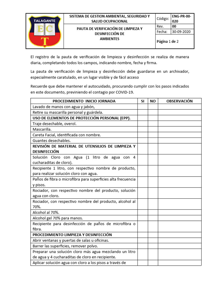 Check List de Limpieza y Desinfección | PDF | Agua | Lavado de manos Check List de Limpieza y Desinfección | PDF | Agua | Lavado de manos