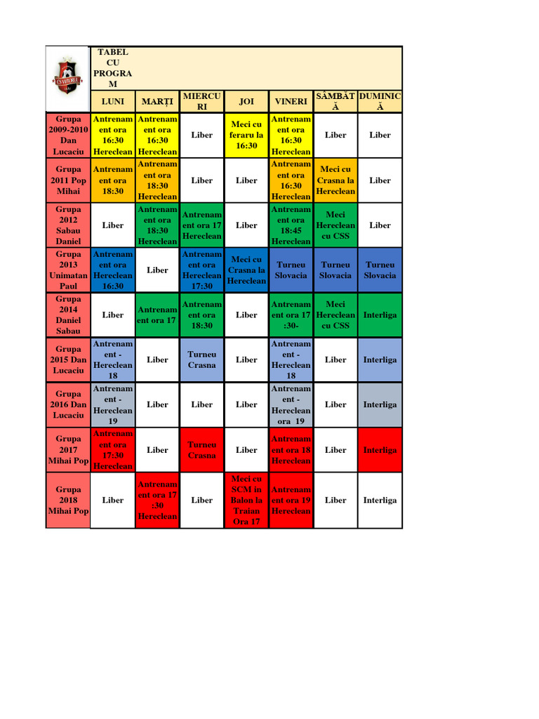 TABEL CU PROGRAM ANTRENAMENT SI MECIURI VIITORUL ZALAU-saptamna | PDF