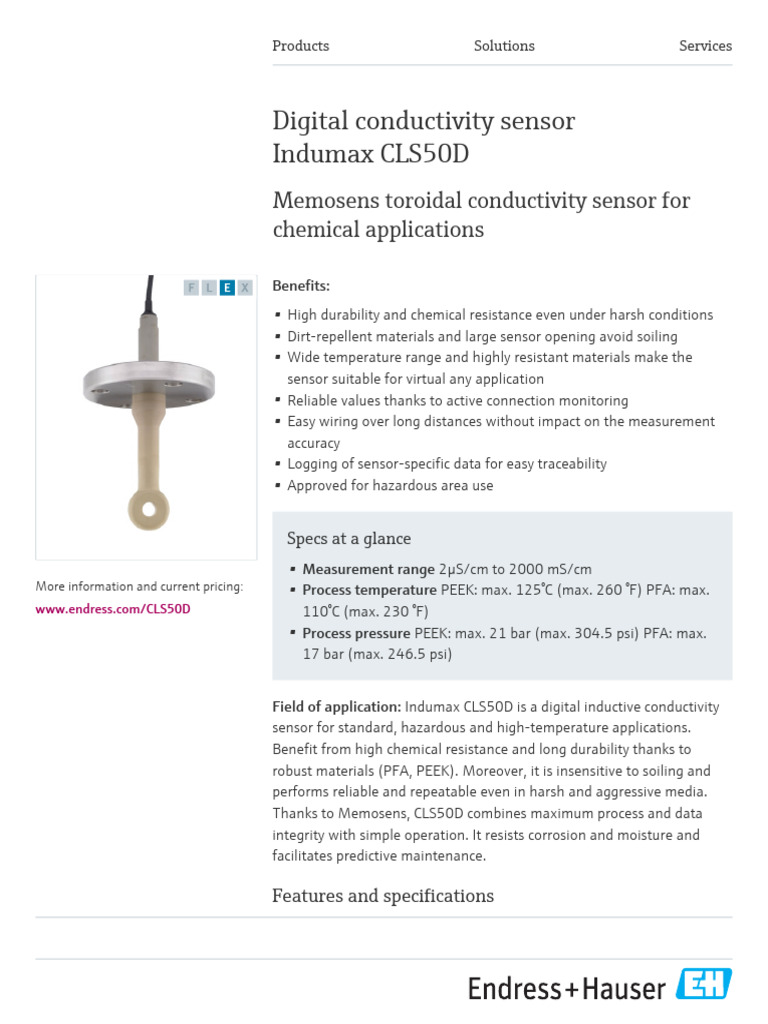Indumax CLS50D Digital Conductivity Sensor | PDF | Sensor | Applied And Interdisciplinary Physics