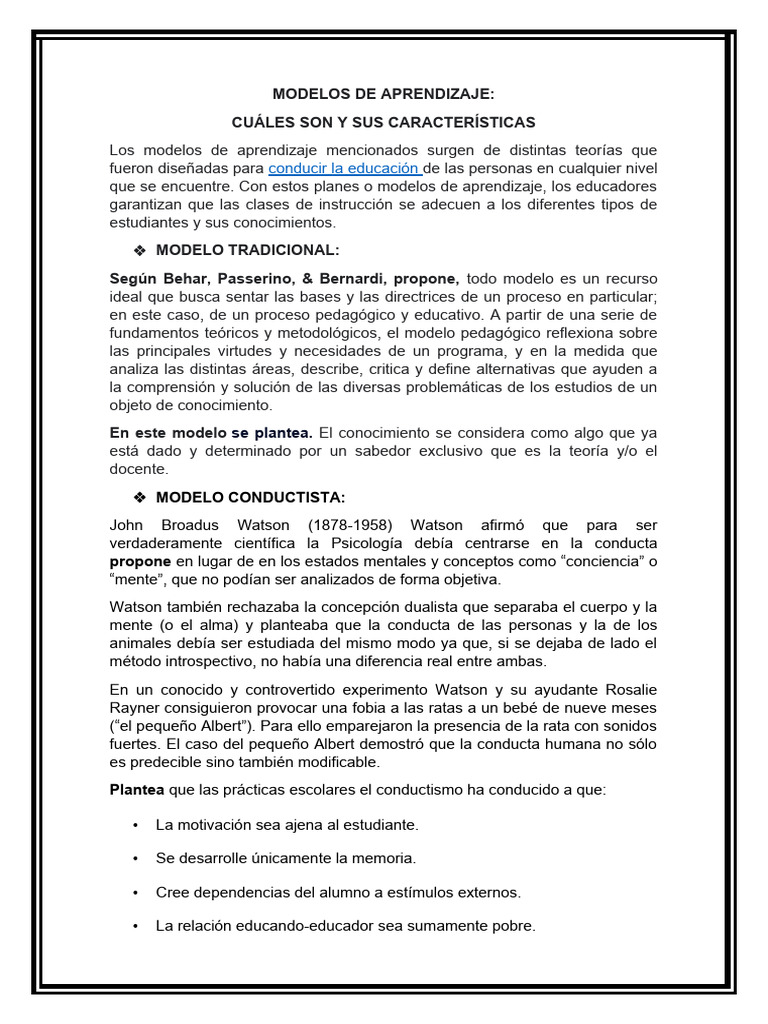 Modelos de Aprendizaje: Tradicional, Conductista y Proyectivo | PDF ...