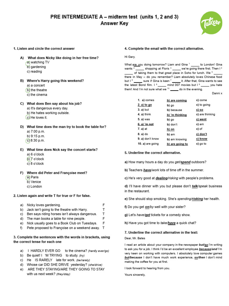 Answer Key - Pre-Intermediate A Midterm | PDF