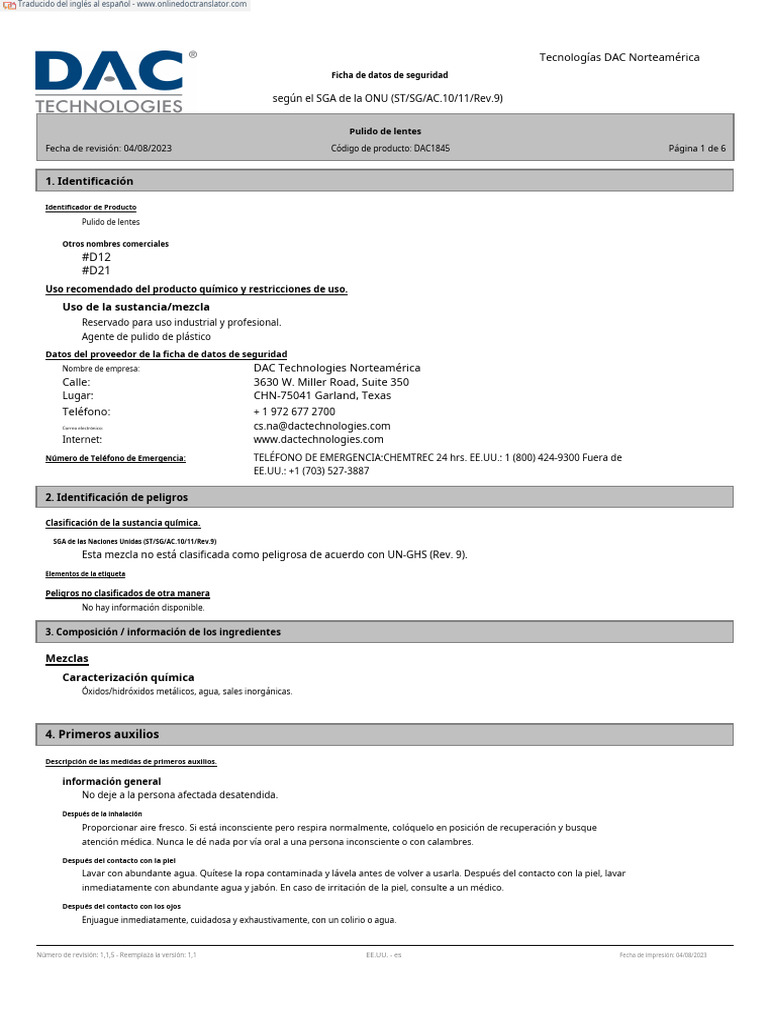 Ficha de Seguridad | PDF | Agua | Toxicidad