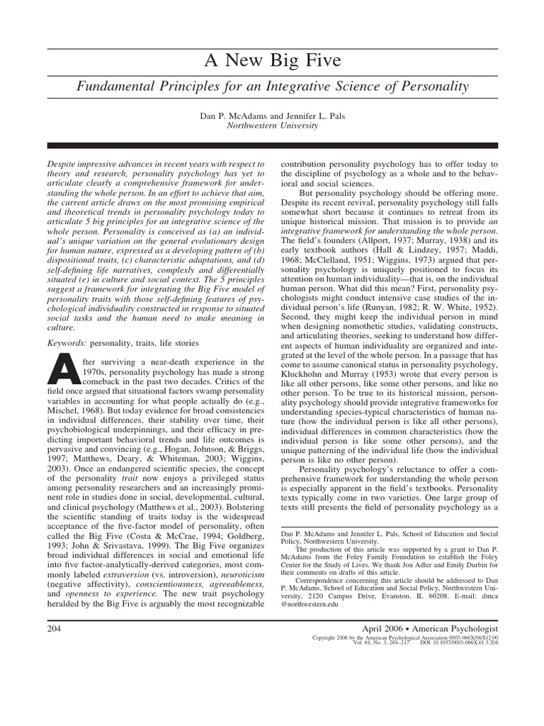 McAdams Andpals 2007 A New Big Five | PDF | Psychology | Personality Psychology