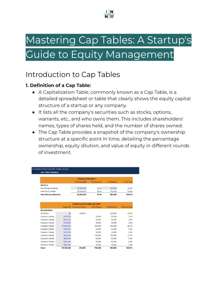 Startup Cap Table Management Guide | PDF | Stocks | Valuation (Finance)