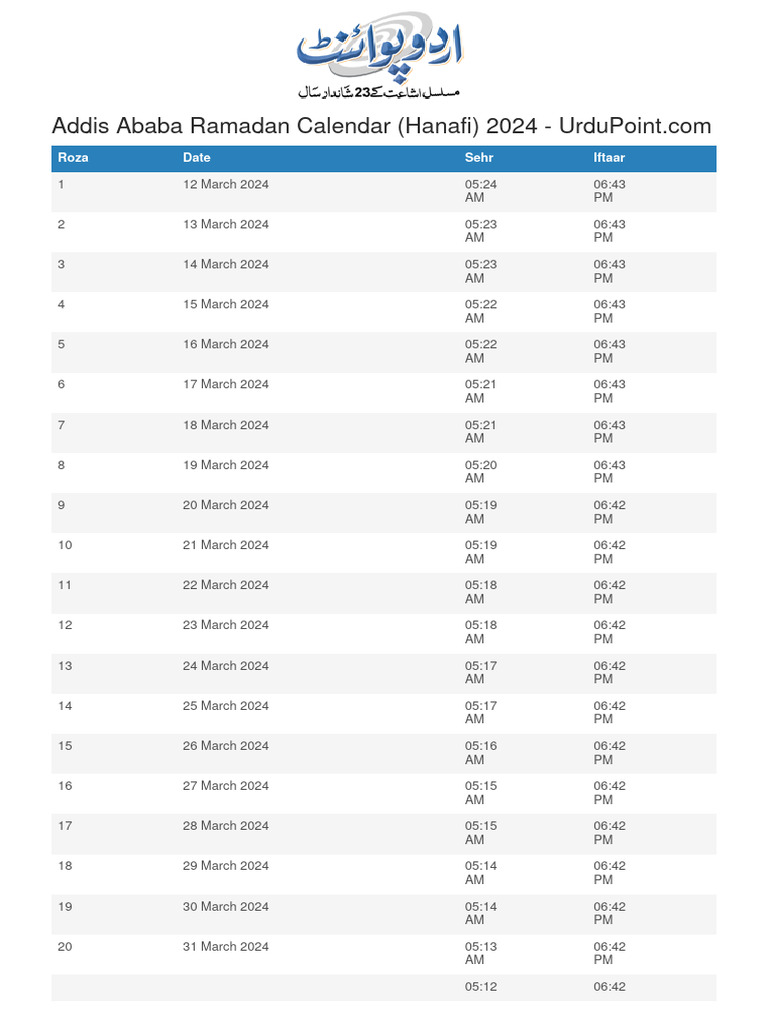 Addis Ababa Ramadan Calendar 2024 Urdupoint | Download Free PDF ...