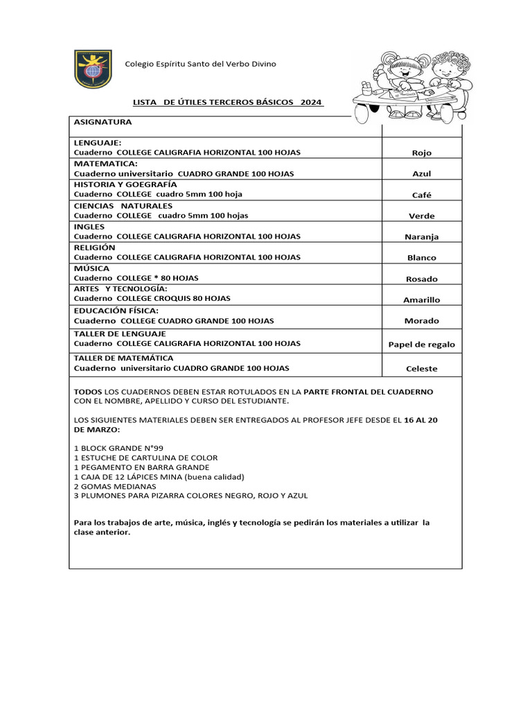 LISTA UTILES 3ero Básico 2024 | PDF | Lápiz