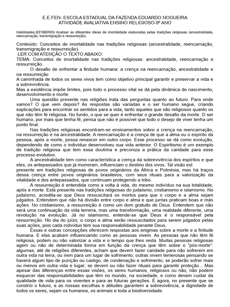 Atividade 9º Ano 13-09-23 | PDF | Reencarnação | Morte