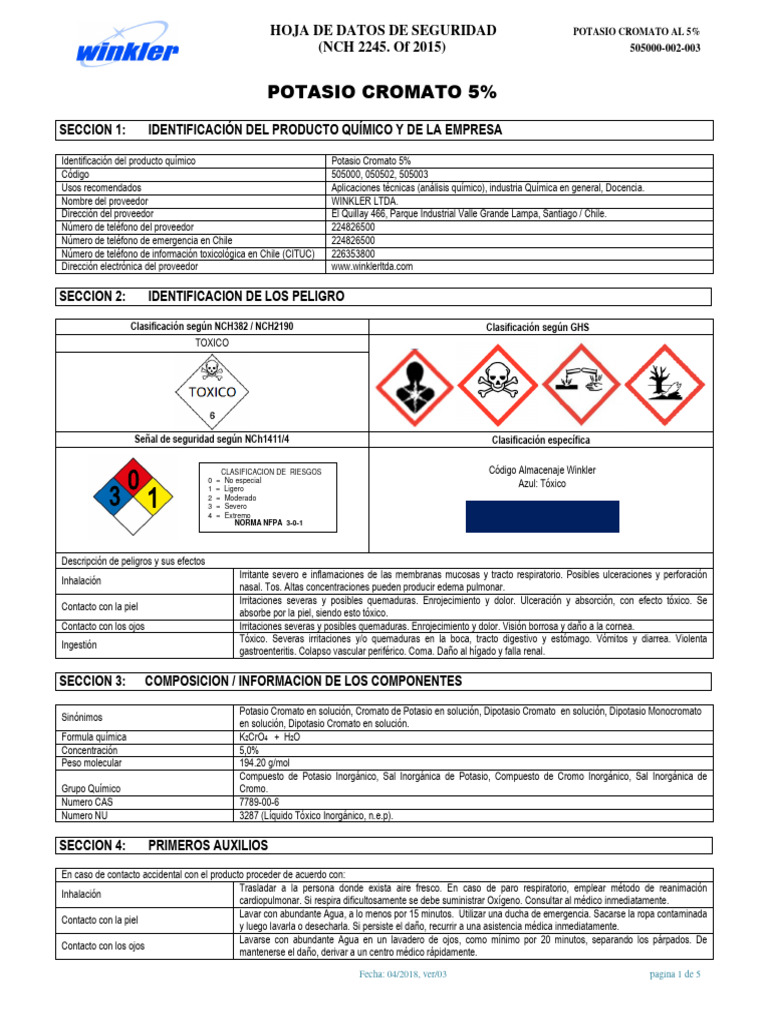 POTASIO-CROMATO-5-ficha de Seguridad | PDF | Agua | Toxicidad