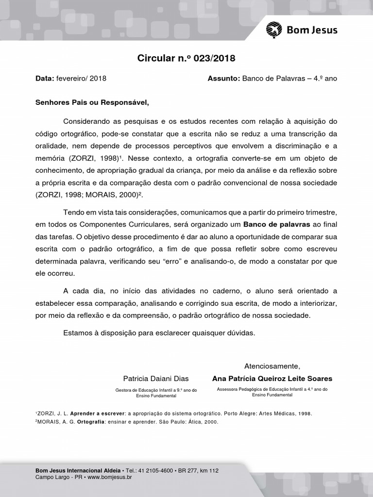 Circular 023 Banco de Palavras 4ano 2018 | PDF