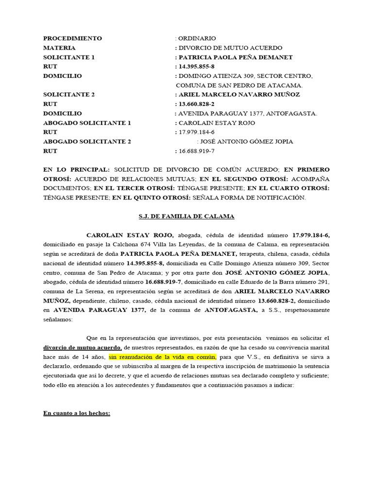 Divorcio Comun Acuerdo Patricia PeÑa [revisado Ccl] Pdf Divorcio