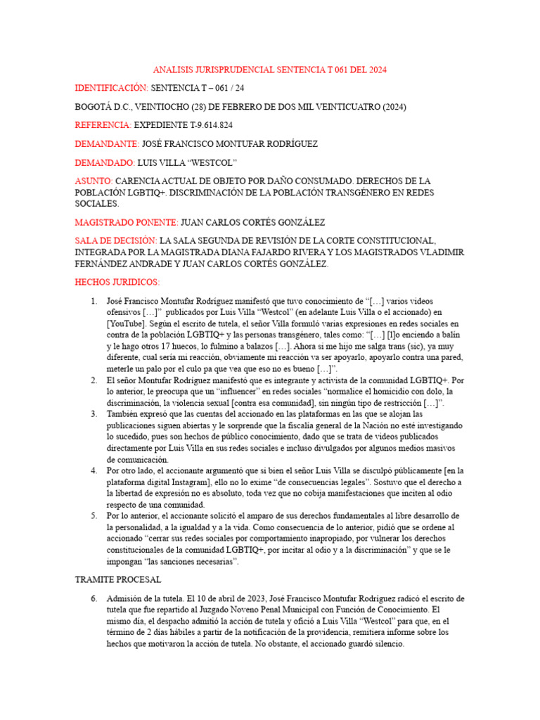 Análisis de la Sentencia T-061 de 2024 | PDF | Libertad de expresión ...