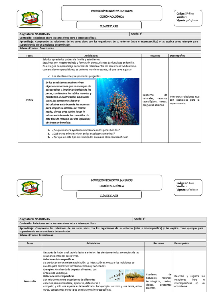 GUIA DE CLASES No. 9 Relaciones Entre Los Seres Vivos Intra e ... GUIA DE CLASES No. 9 Relaciones Entre Los Seres Vivos Intra e ...