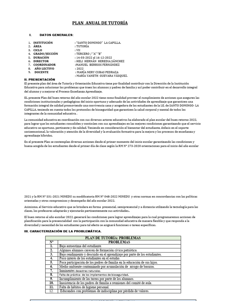 Programacion Anual Tutoria 2022 Ok | PDF | Aprendizaje | Evaluación