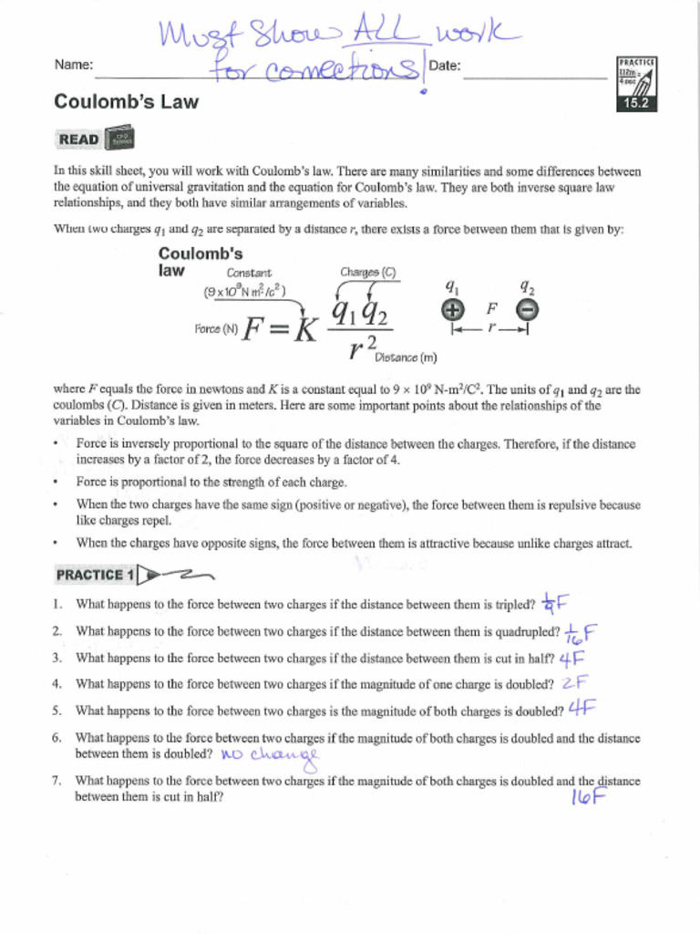 Coulombs Law Worksheet Answers | PDF