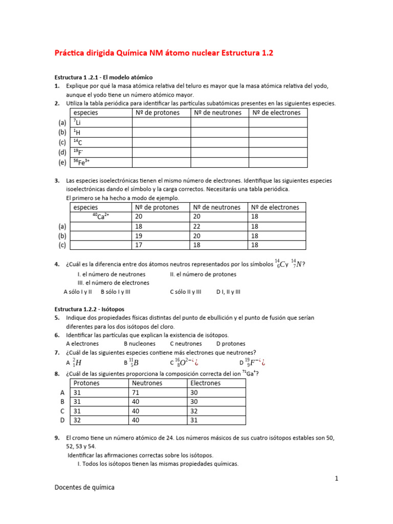 Práctica Dirigida Química NM Átomo Nuclear Estructura 1.2 | PDF ...