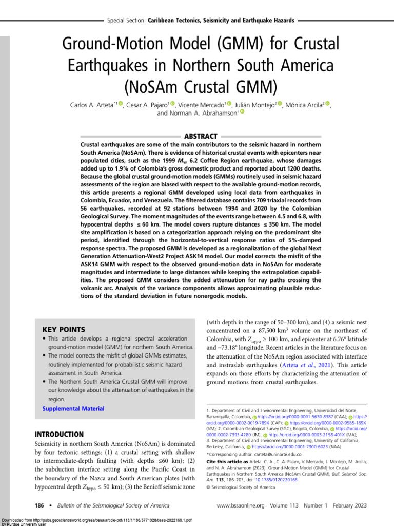 2023 Arteta Et Al Ground Motion Model Gmm For Crustal Earthquakes In Northern South