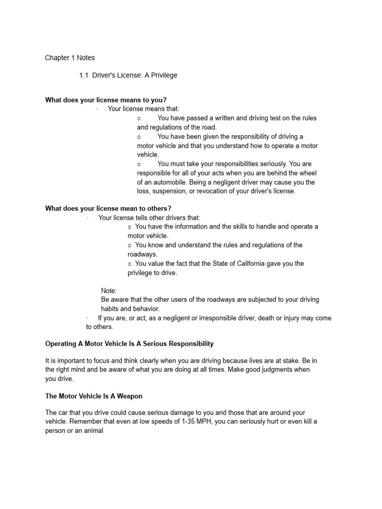 SAF100 Chapter 1 Notes | PDF | Traffic | Driving