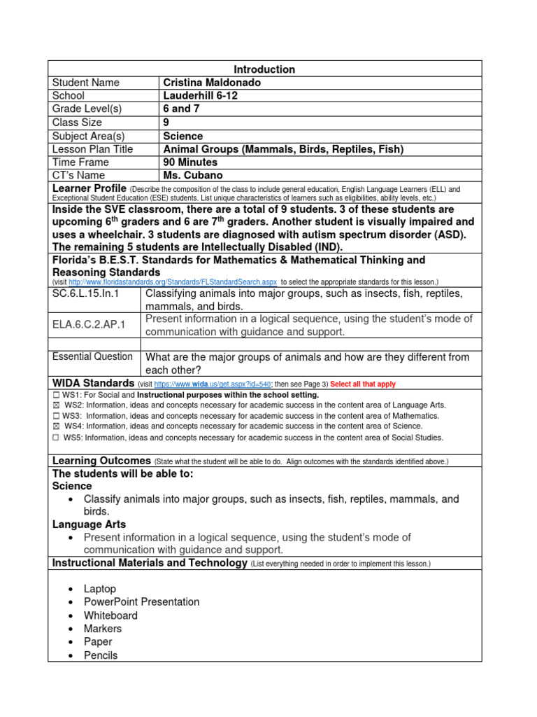 Animal Groups Science Lesson Plan | PDF | Cognition | Learning