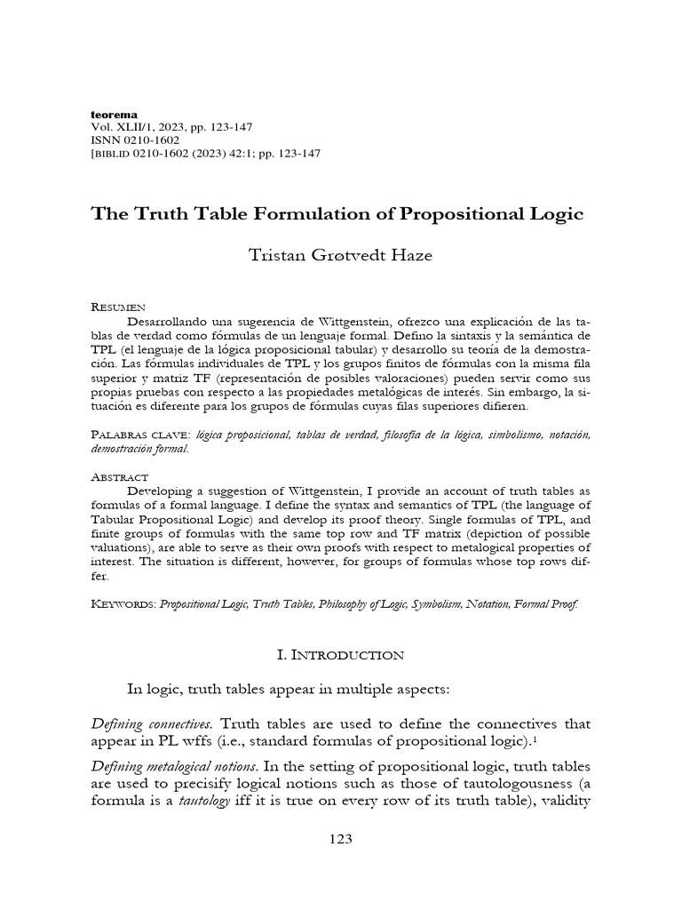 The Truth Table Formulation of Propositional Logic: Tristan Grøtvedt ...