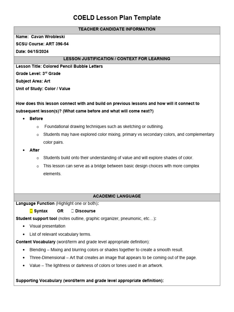 Final Lesson Plan Cavan Wrobleski | PDF | Rubric (Academic) | Color