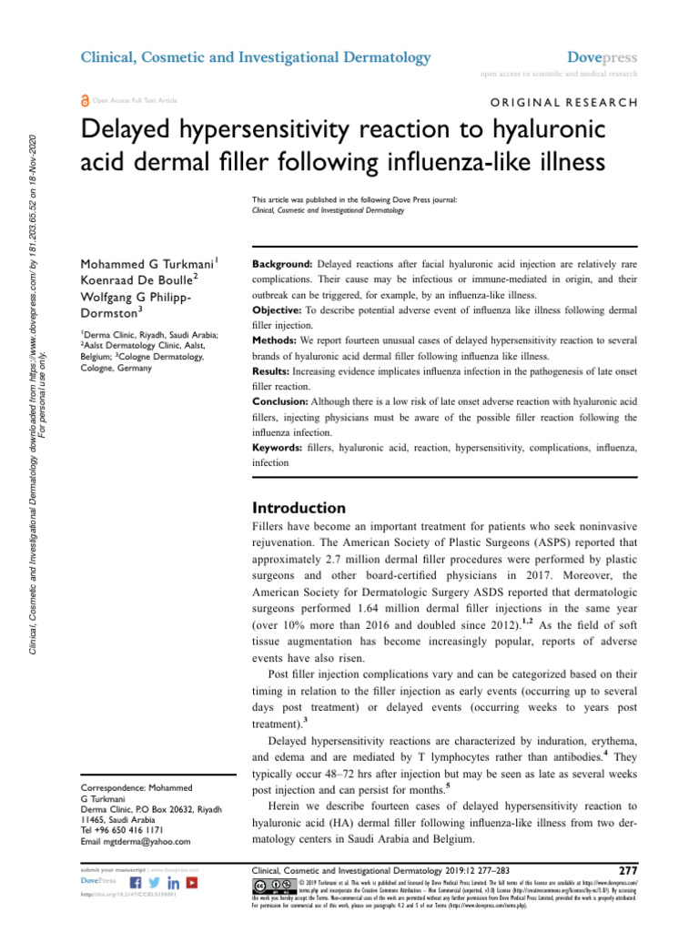 Delayed Hypersensitivity Reaction To Hyaluronic Acid Dermal | PDF ...