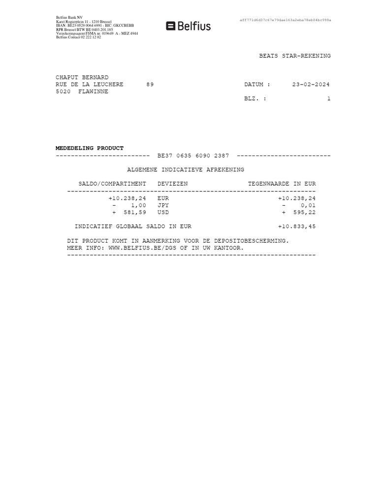 Chaput Bernard Belfius bank statement | PDF
