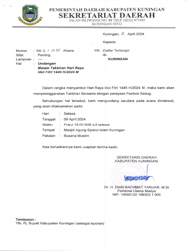 Undangan Malam Takbiran 1445 H Yth. Terlampir 400.8-1235-Kesra | PDF