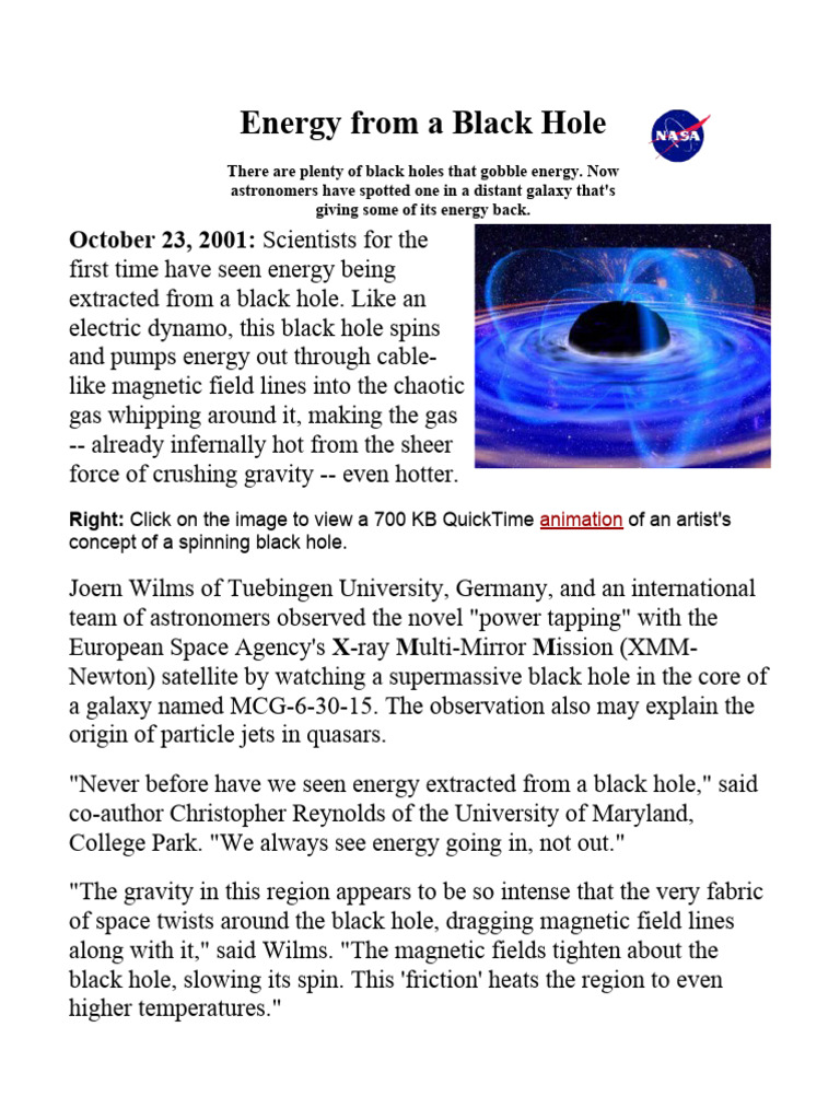 Energy From A Black Hole | PDF | Quasar | Black Hole
