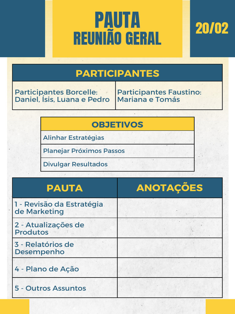 Documento A4 Pauta de Reunião Moderno Amarelo e Azul | PDF