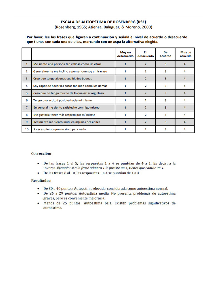Test Autoestima Niños Rosenberg S Partir de 12 Años | PDF