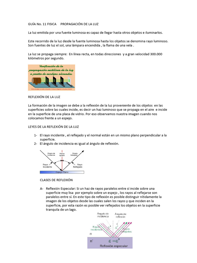 GUÍA No 11 Física 9o. PROPAGACIÓN DE LA LUZ | PDF