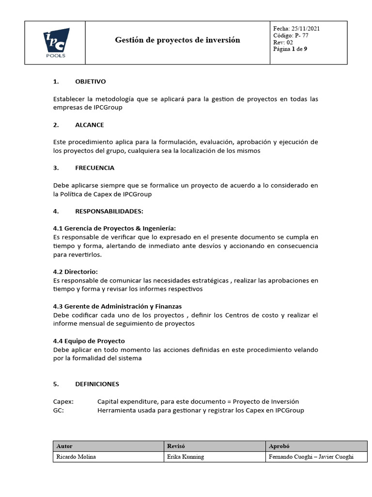 P-77 Procedimiento de Gestión de Proyectos de Inversión Rev3 Revisado LS - MJ - EK | PDF ...
