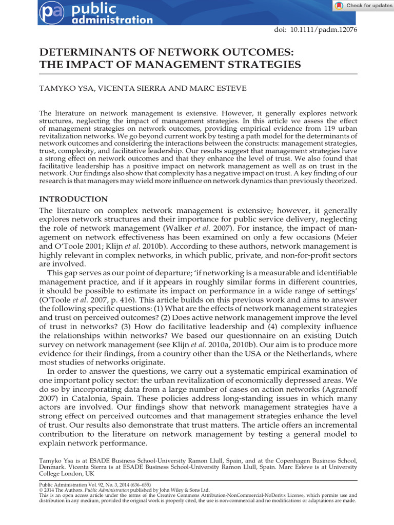 Public Administration - 2014 - YSA - DETERMINANTS OF NETWORK OUTCOMES ...