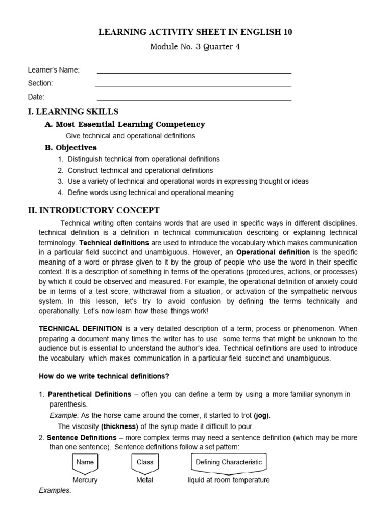 Technical vs. Operational Definitions Guide | PDF | Definition | Learning