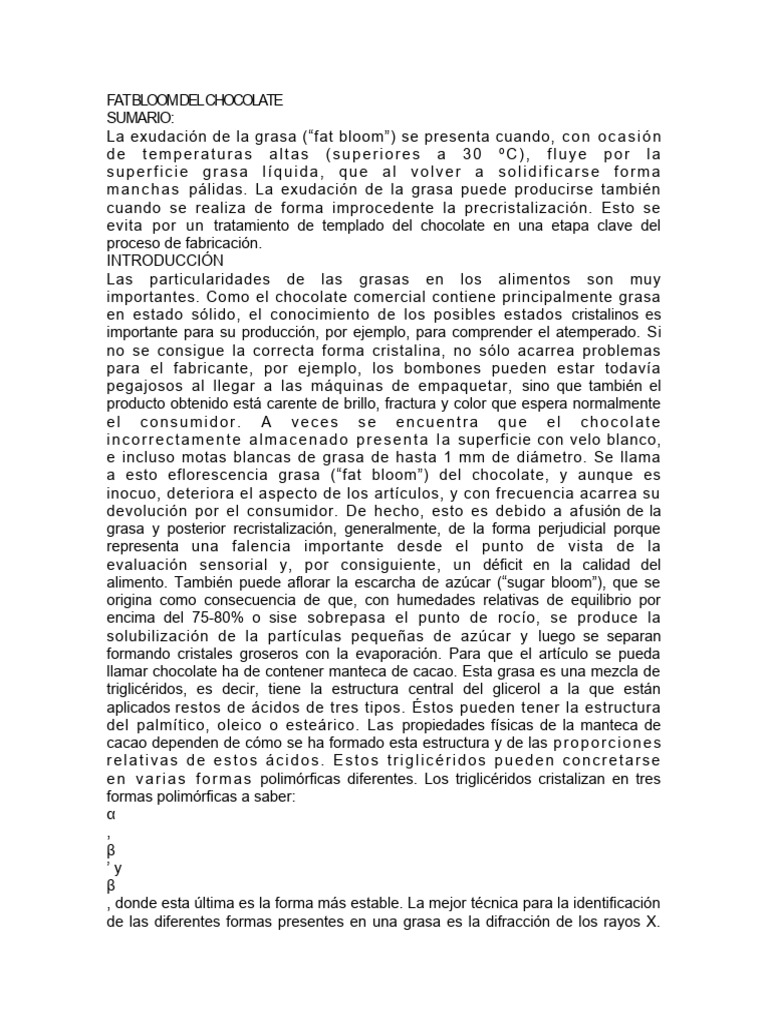 FAT BLOOM DEL CHOCOLATE | PDF | Química Física | Física Aplicada e ...