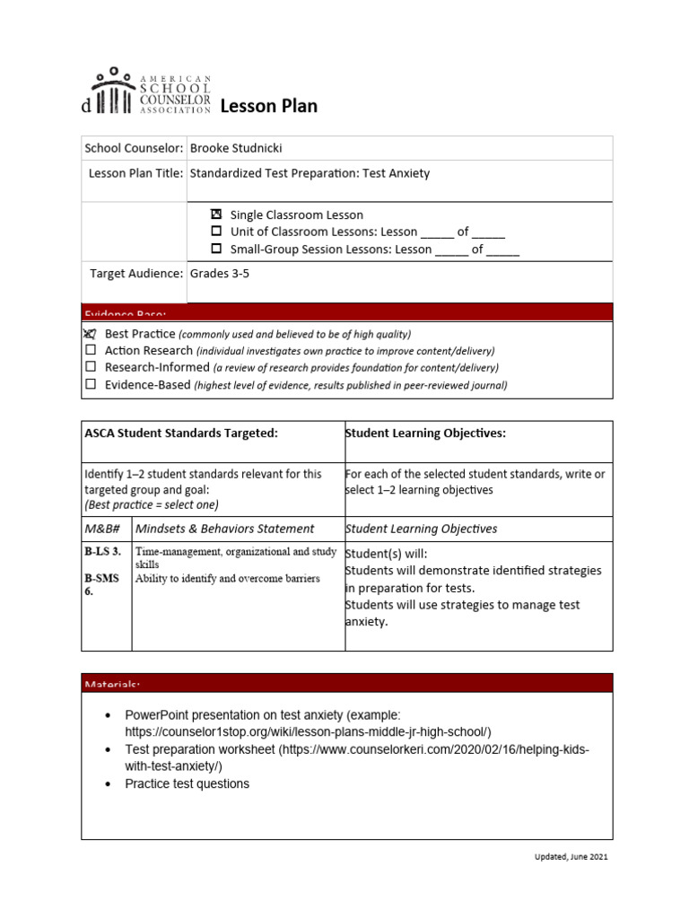 Lesson Plan - Test Anxiety | PDF | Lesson Plan | Anxiety