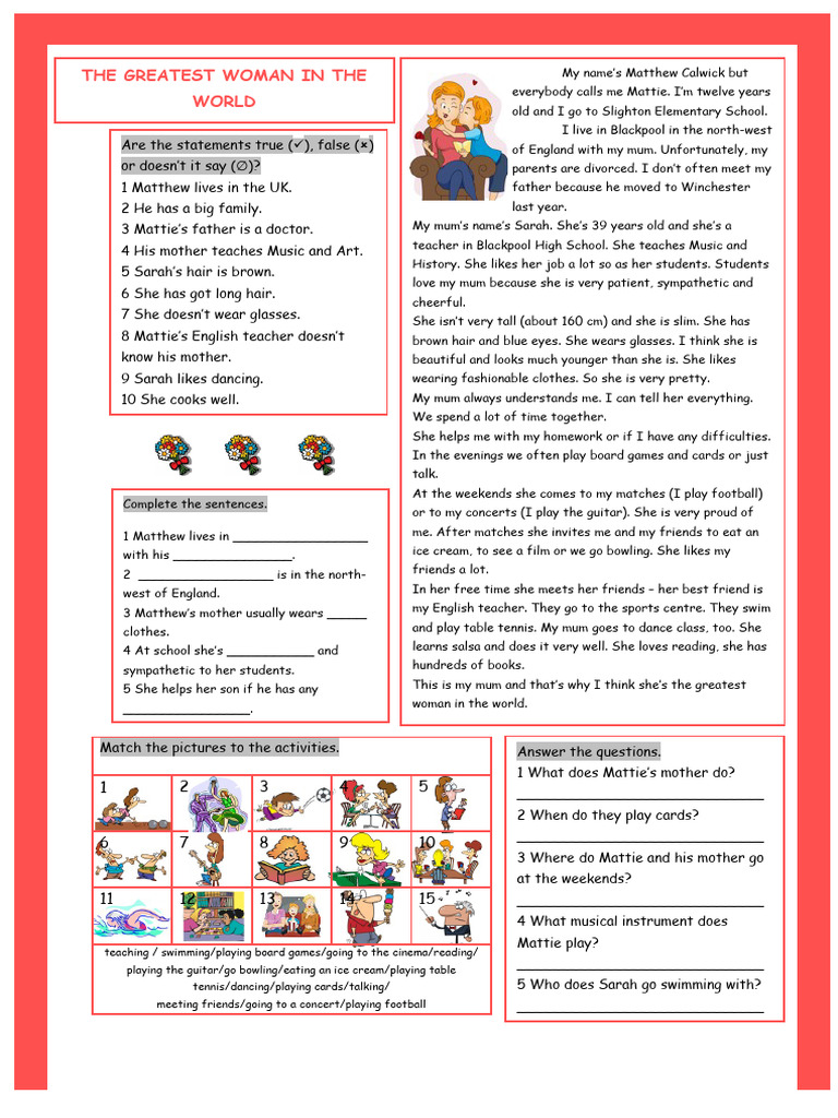 The Greatest Woman in The World My Mum Reading Comprehension Exercises ...